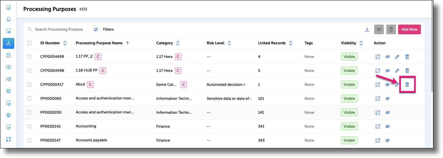 Deleting Custom Processing Purposes – TrustArc Help Center