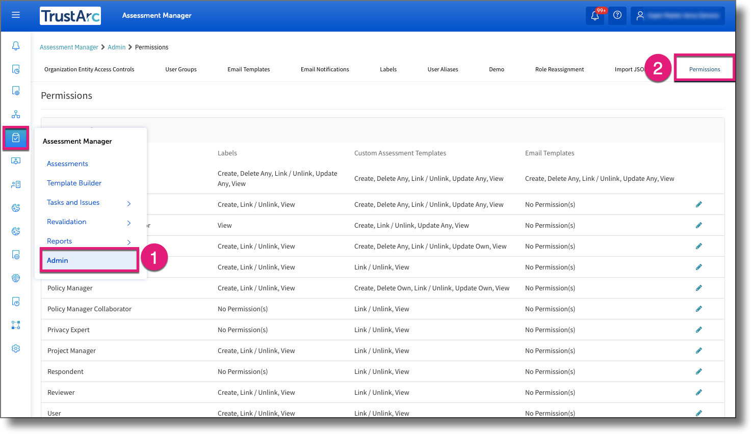 Configuring labels permissions per role – TrustArc