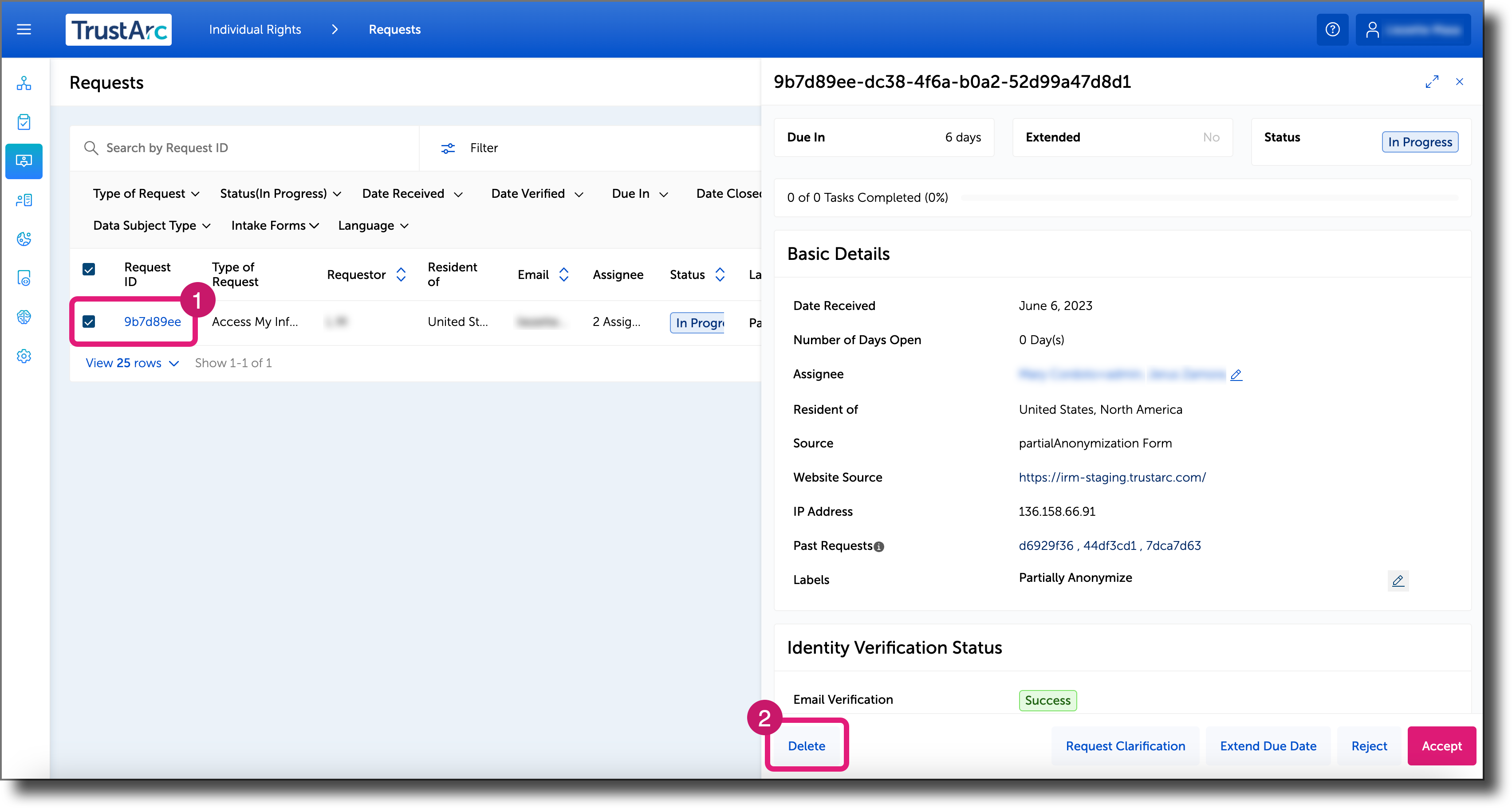 Deleting a Request – TrustArc