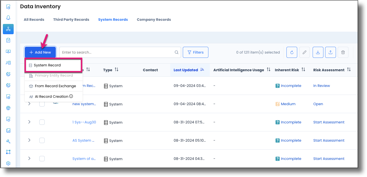 Creating a System Record – TrustArc Help Center