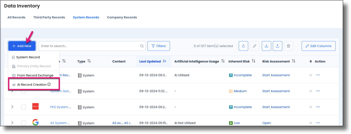 Creating a System Record using AI – TrustArc Help Center
