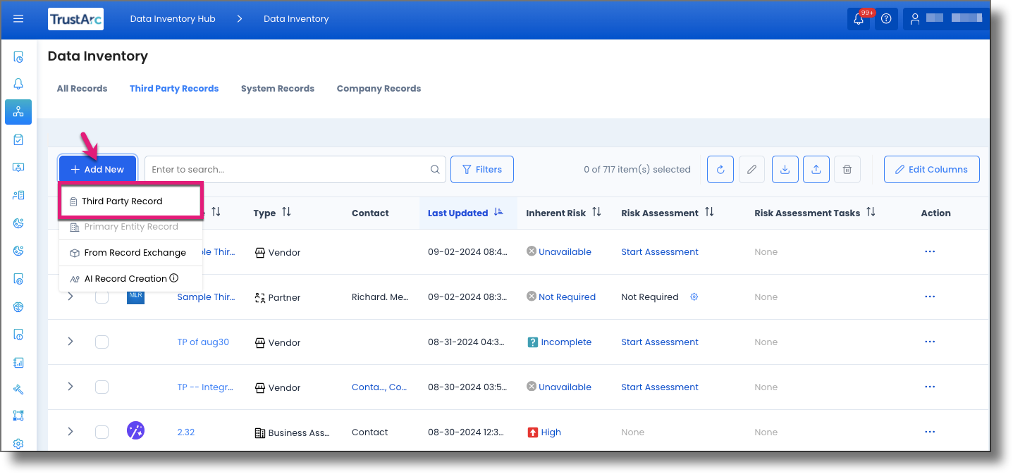 Creating a Third Party Record – TrustArc Help Center