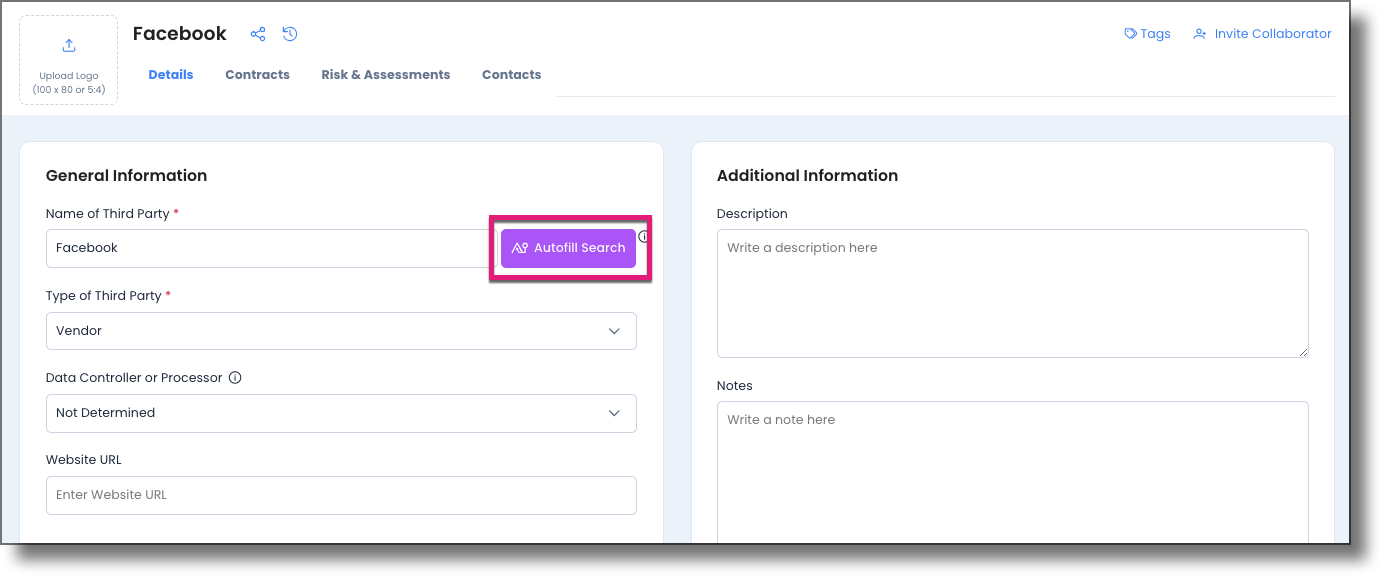 Completing the Details tab of the Third Party Record using the AI Autofill Search feature ...