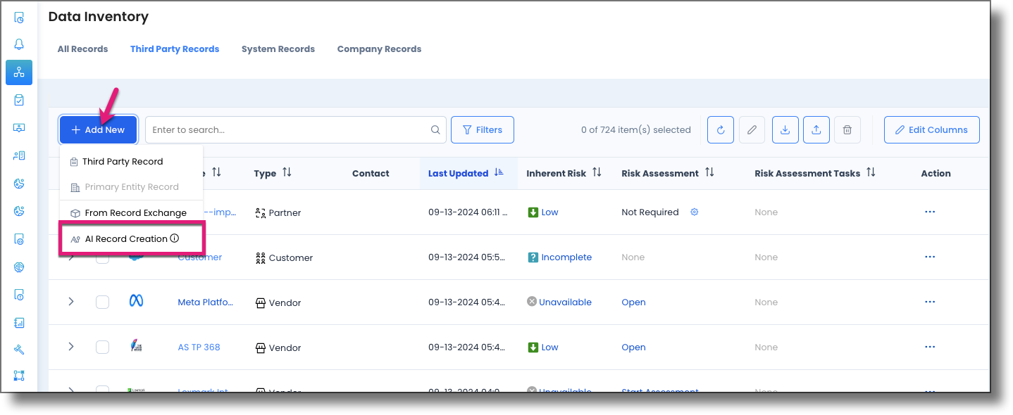 Creating a Third Party Record using AI – TrustArc Help Center