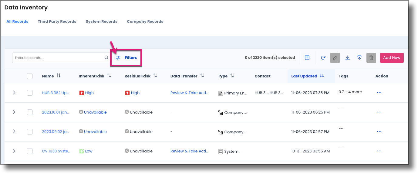 Using Filters to Find a Data Inventory Record – TrustArc Help Center