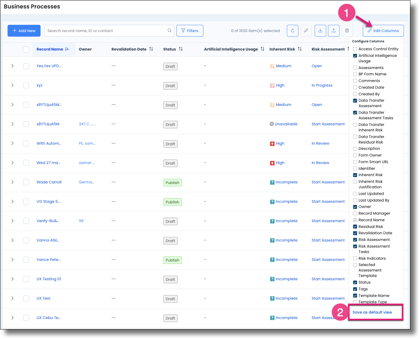Configuring the Columns in the Business Processes page – TrustArc Help ...