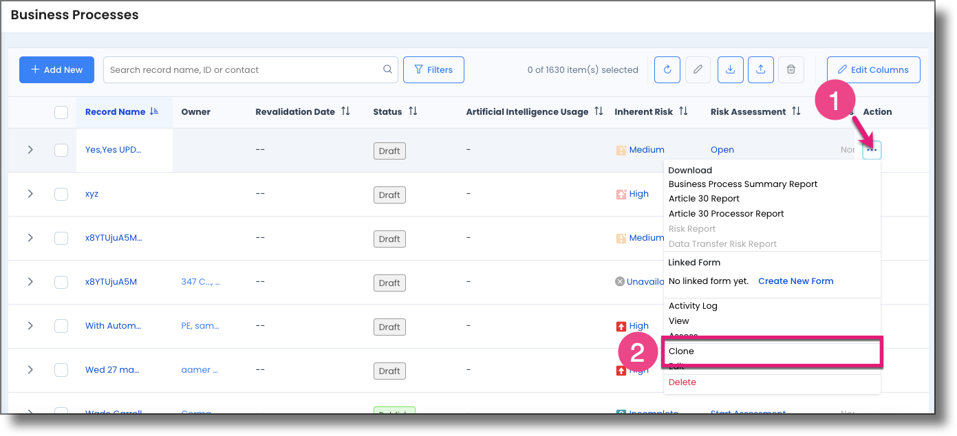 Cloning a Business Process Record – TrustArc Help Center