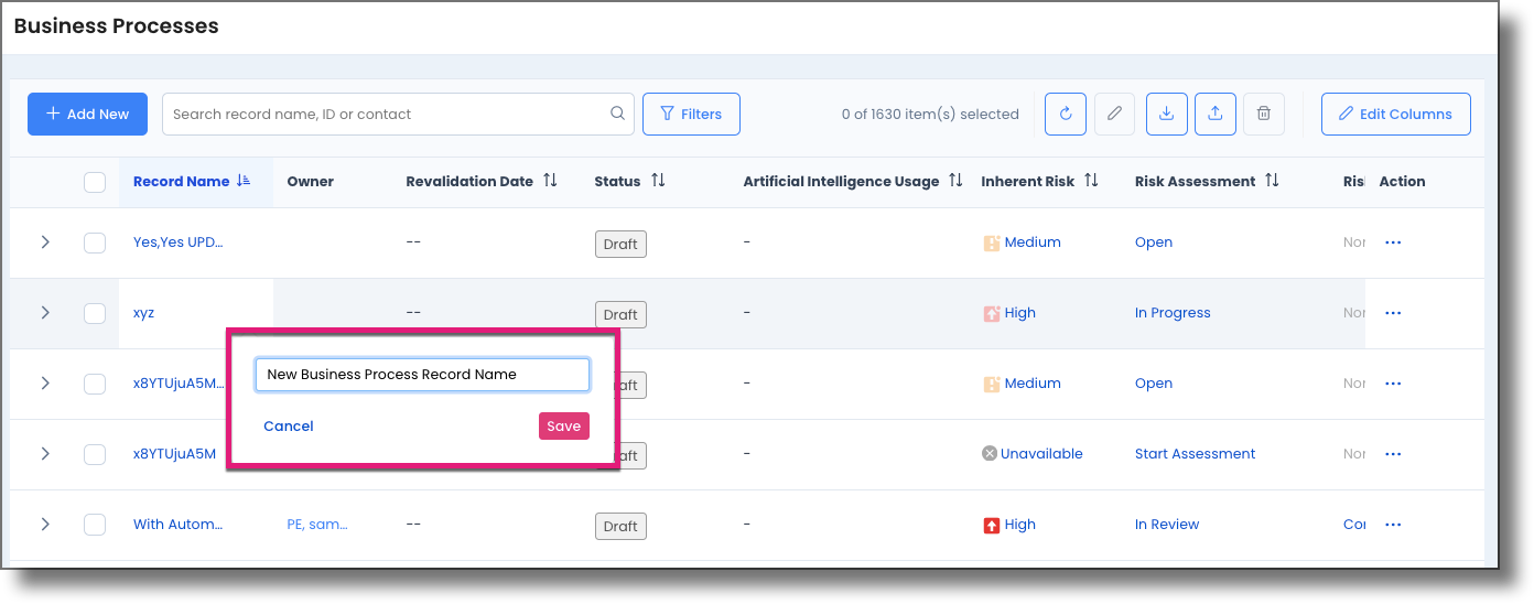Editing a Business Process Record Quickly – TrustArc Help Center