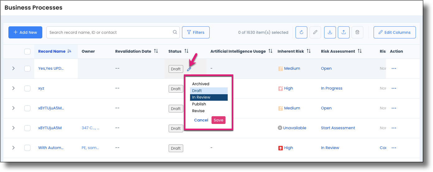 Editing a Business Process Record Quickly – TrustArc Help Center