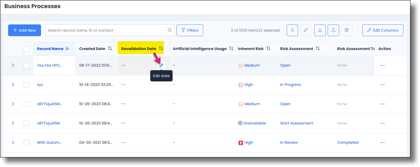 Adding a Revalidation Date to a Business Process Record – TrustArc Help Center