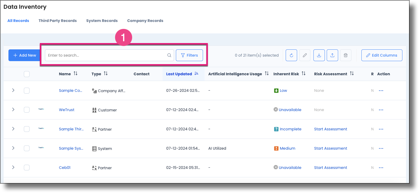 Evaluating the Inherent Risk of a Data Inventory record from the Data Inventory list page ...