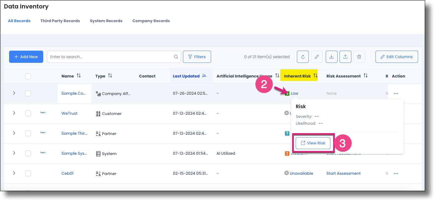 Evaluating the Inherent Risk of a Data Inventory record from the Data Inventory list page ...