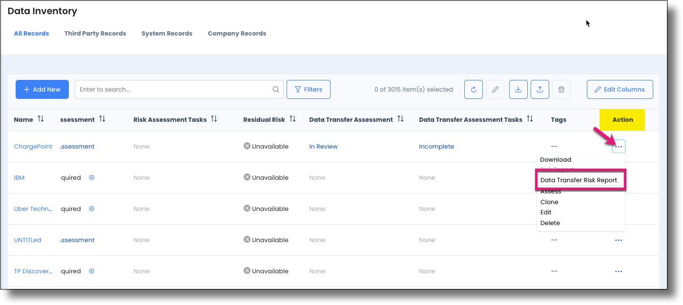 Starting a Data Transfer Risk Assessment from the Hub list pages ...