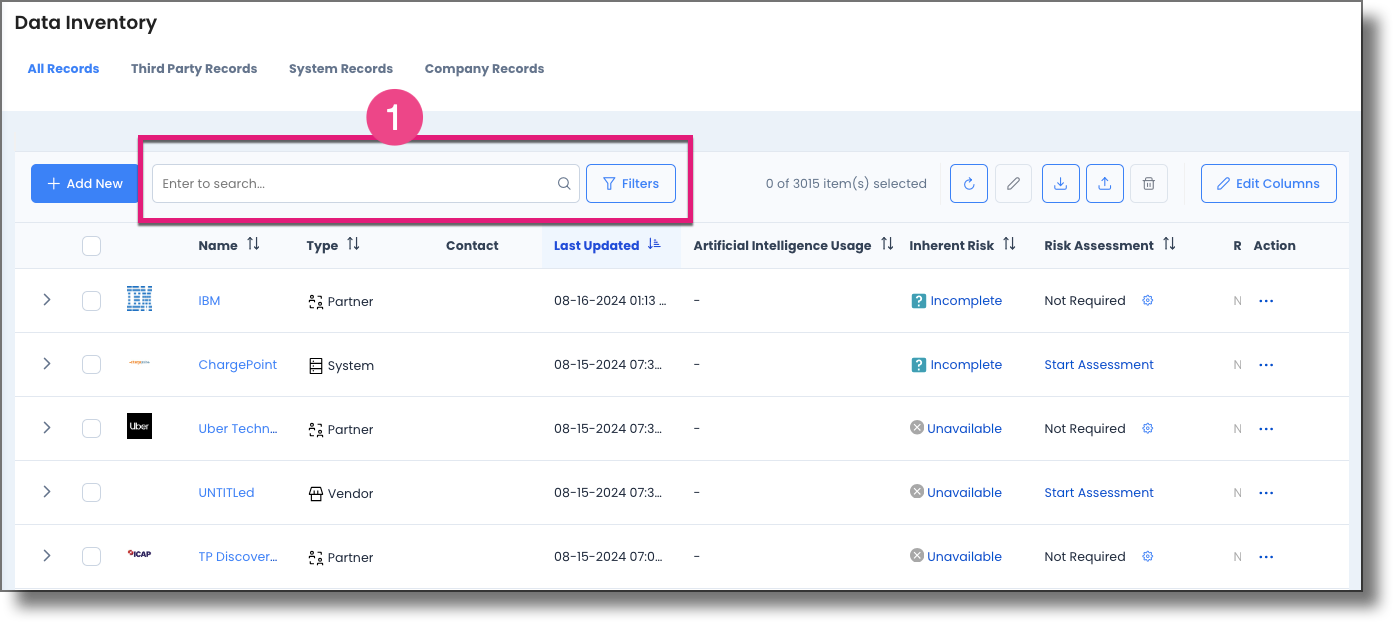 Starting a Data Transfer Risk Assessment from the Hub list pages ...