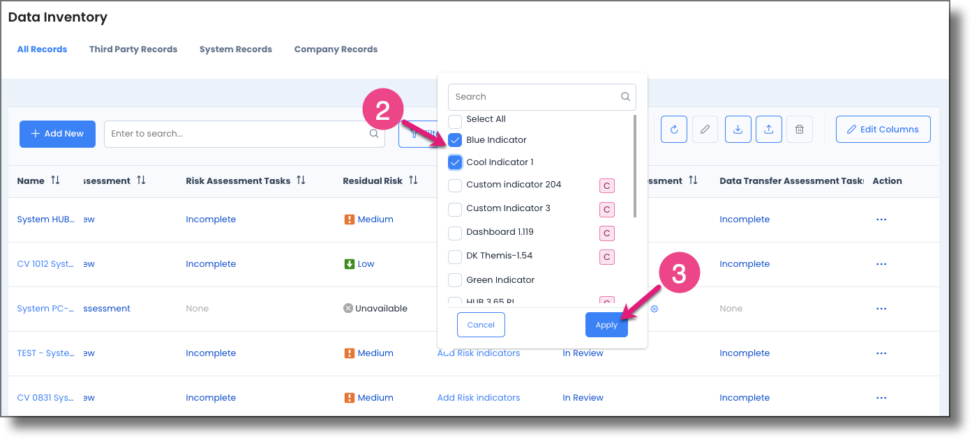 Adding Risk Indicators from the Business Process or Data Inventory list page – TrustArc Help Center