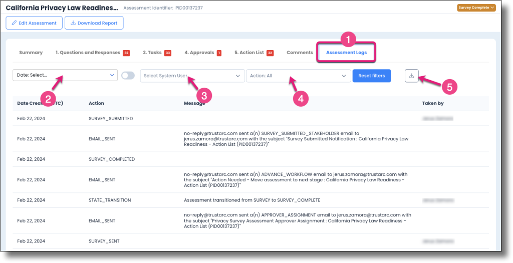 Understanding the Assessment Logs section of the Assessment Report page – TrustArc Help Center