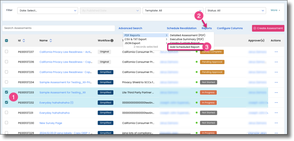 Scheduling Assessment Reports – TrustArc Help Center