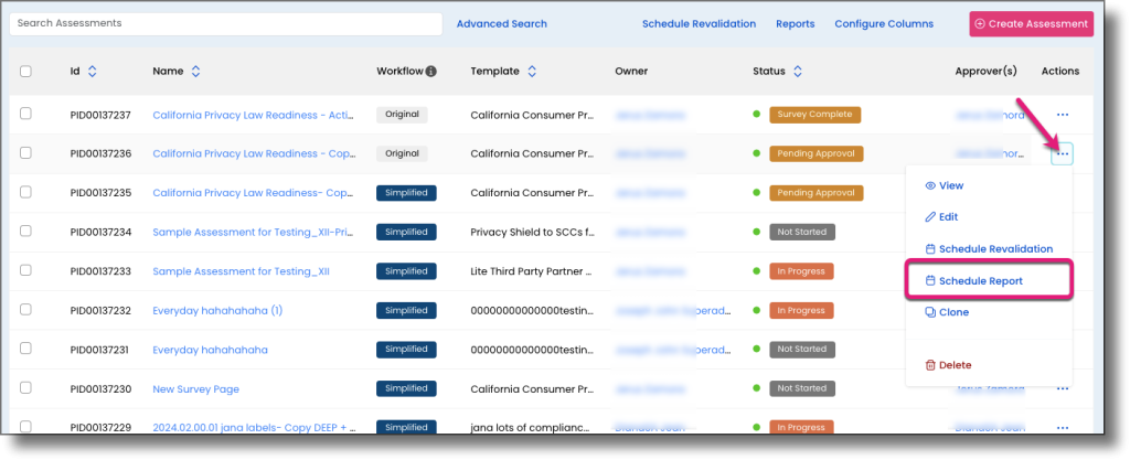Scheduling Assessment Reports – TrustArc Help Center