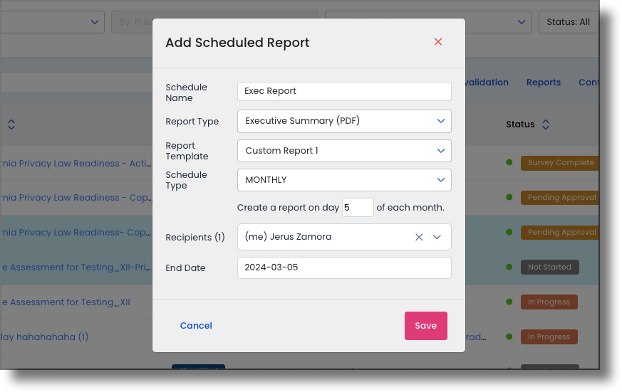 Scheduling Assessment Reports – TrustArc Help Center