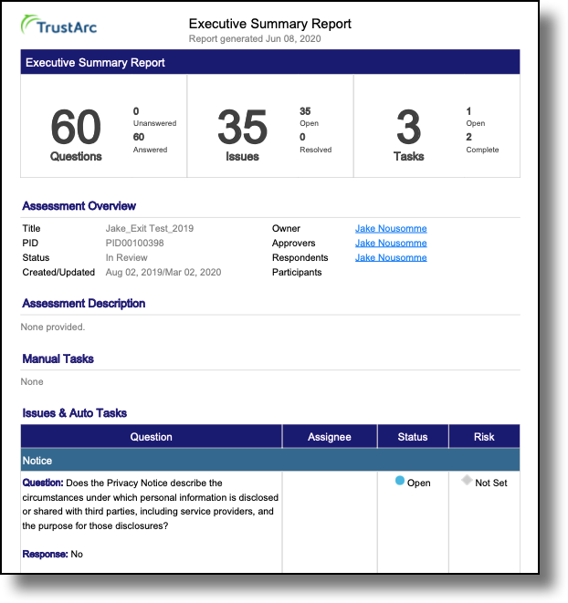 Single-Assessment Reports – TrustArc Help Center