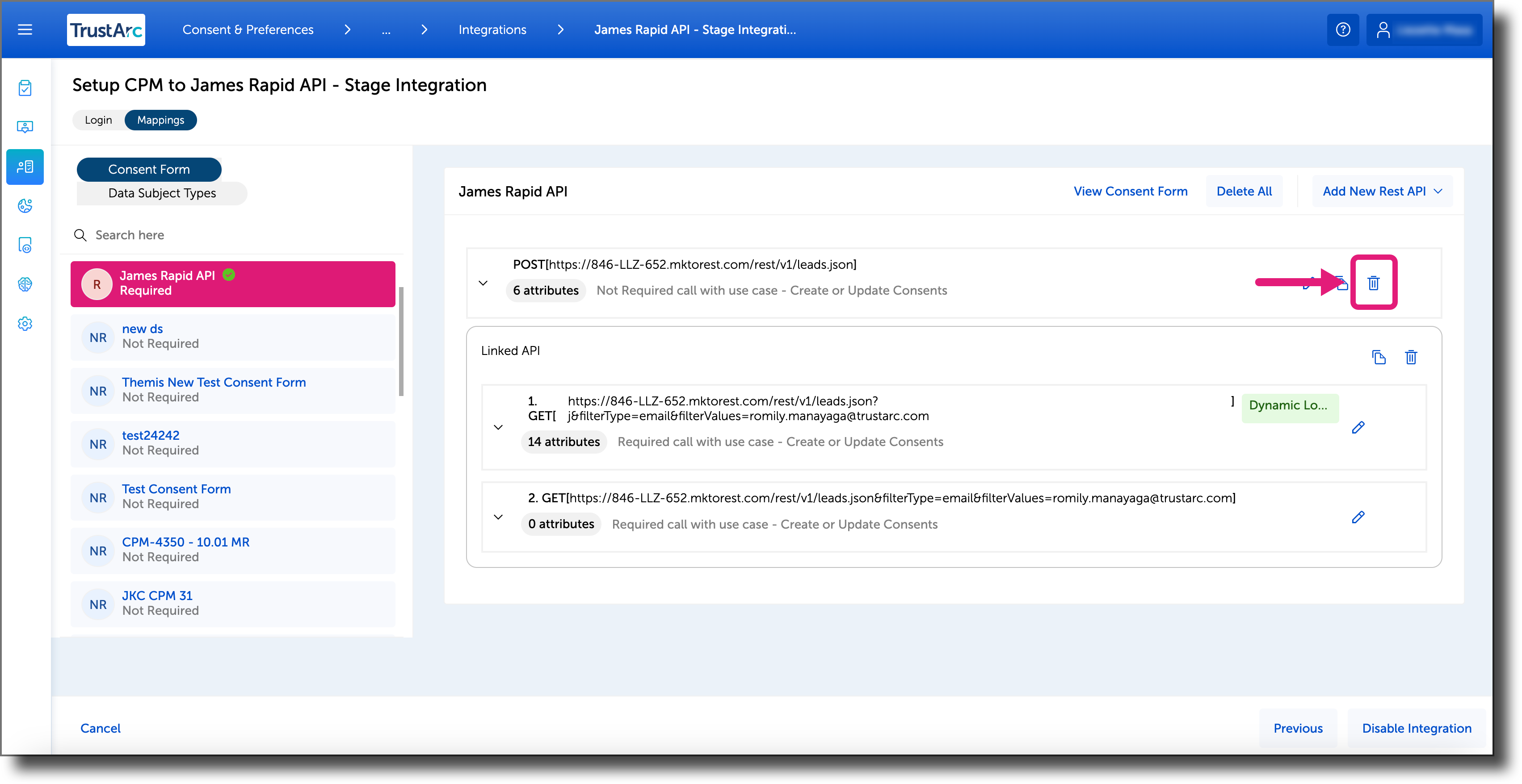 Deleting a Single API – TrustArc Help Center