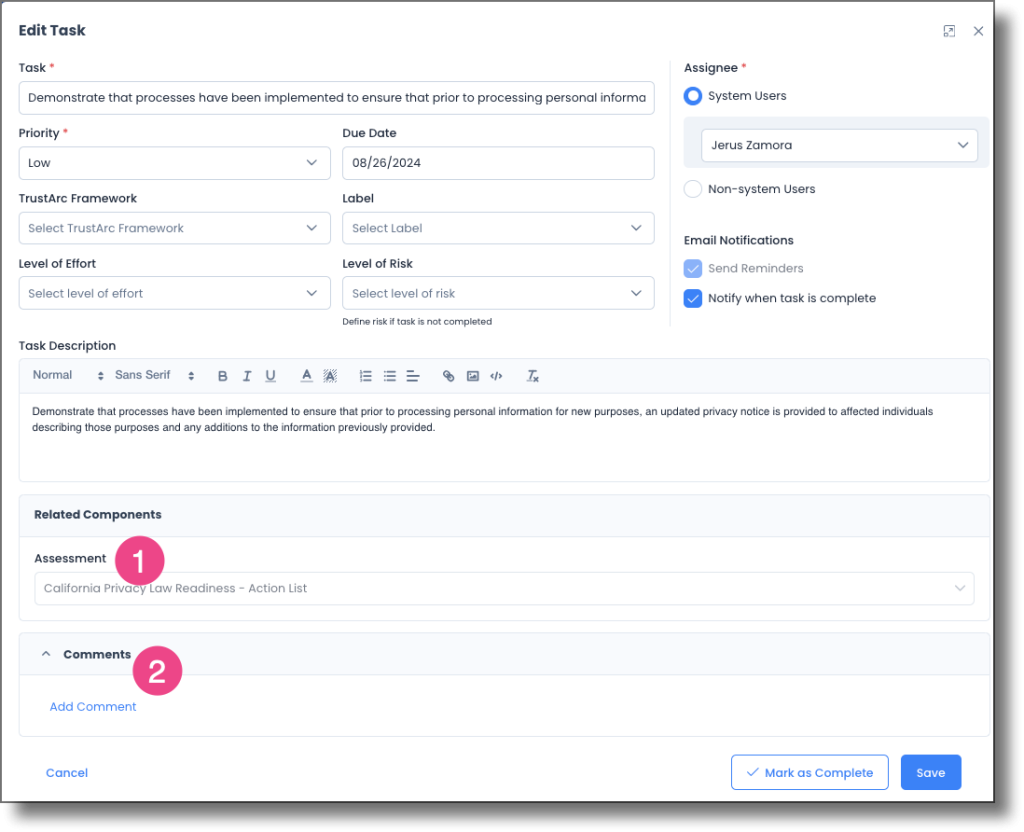 Editing an Assessment Task – TrustArc Help Center