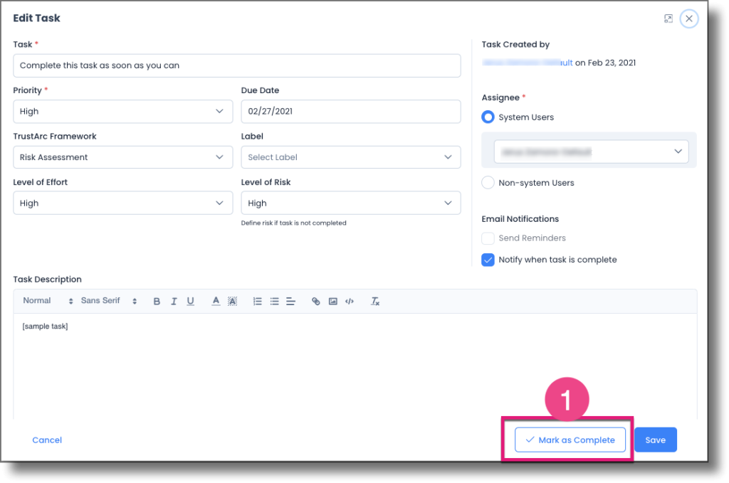 Completing an Assessment Task – TrustArc Help Center