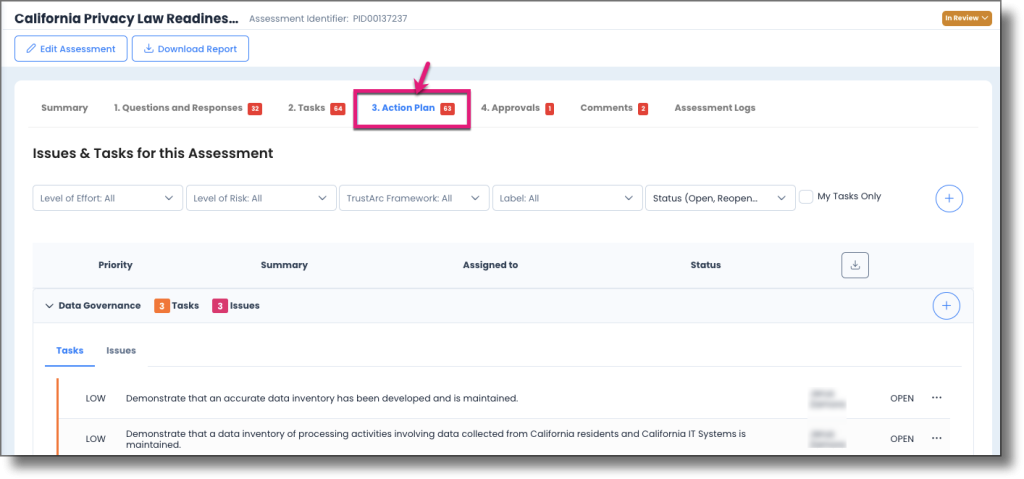 Reopening Assessment Tasks – TrustArc Help Center