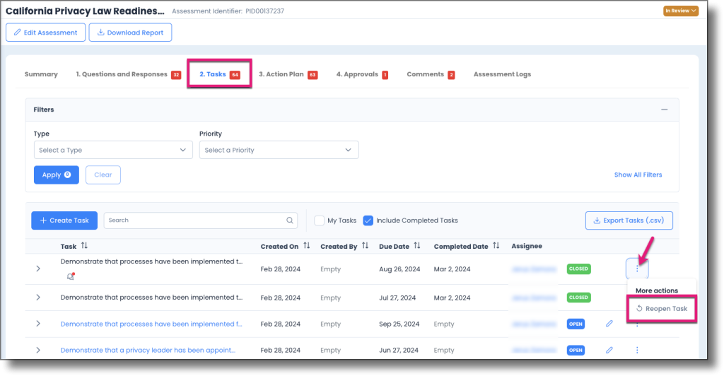 Reopening Assessment Tasks – TrustArc Help Center
