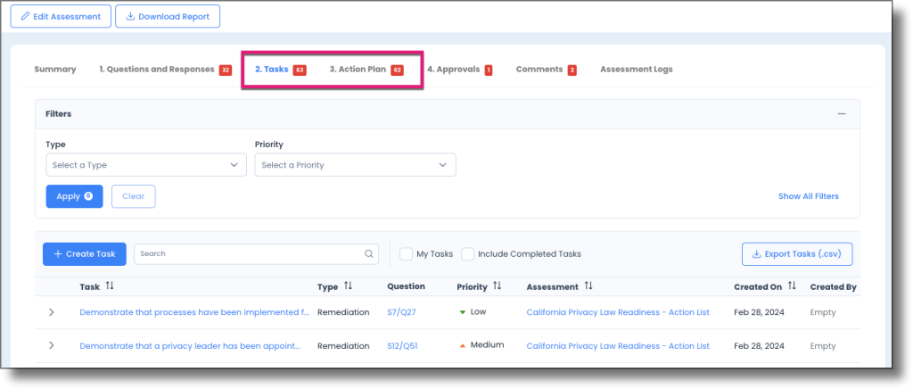Downloading Assessment Tasks into a Spreadsheet – TrustArc Help Center