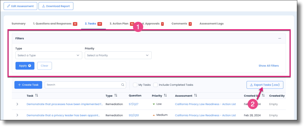 Downloading Assessment Tasks into a Spreadsheet – TrustArc Help Center