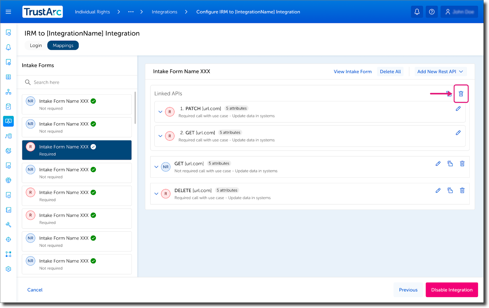 Deleting Linked APIs – TrustArc Help Center