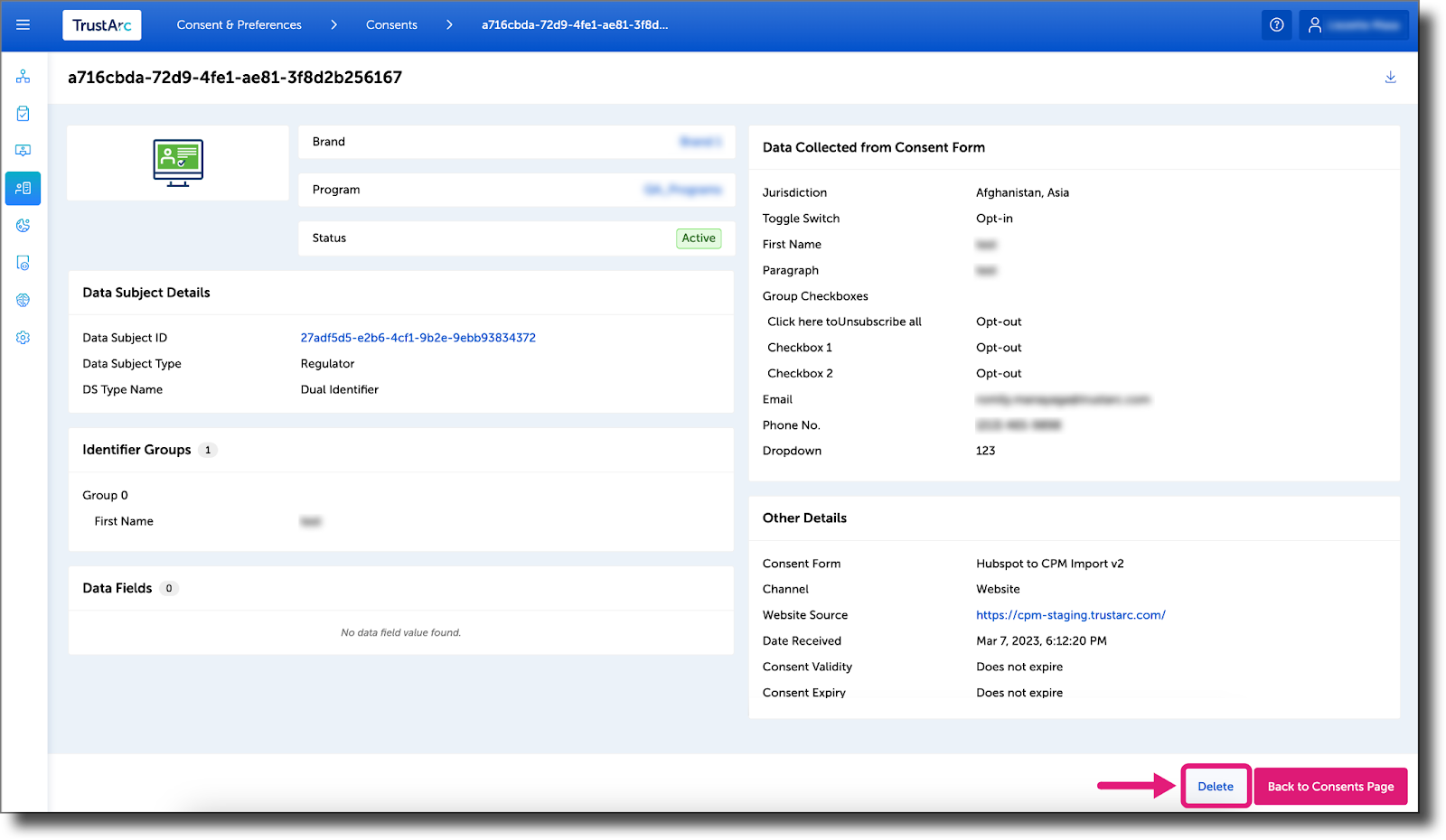 Deleting a Consent – TrustArc Help Center