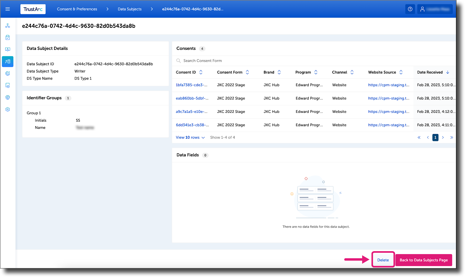 Deleting a Data Subject – TrustArc Help Center