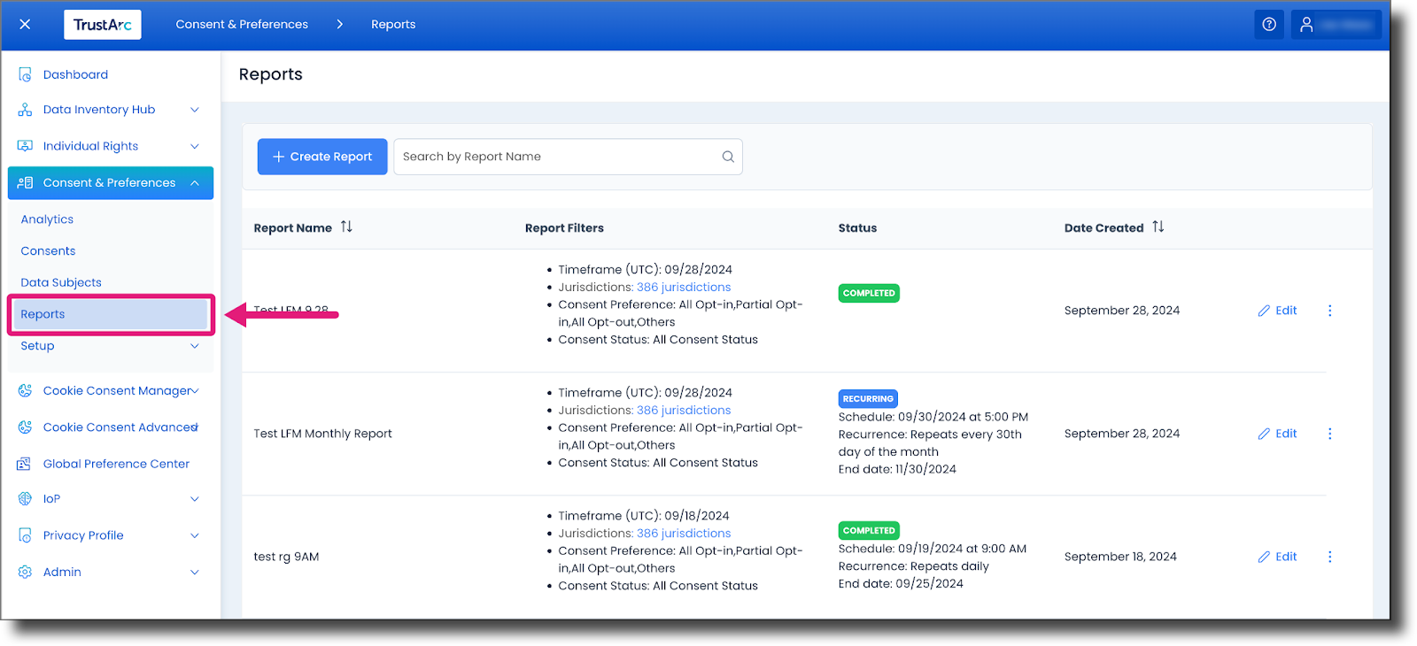 Managing Reports – TrustArc Help Center