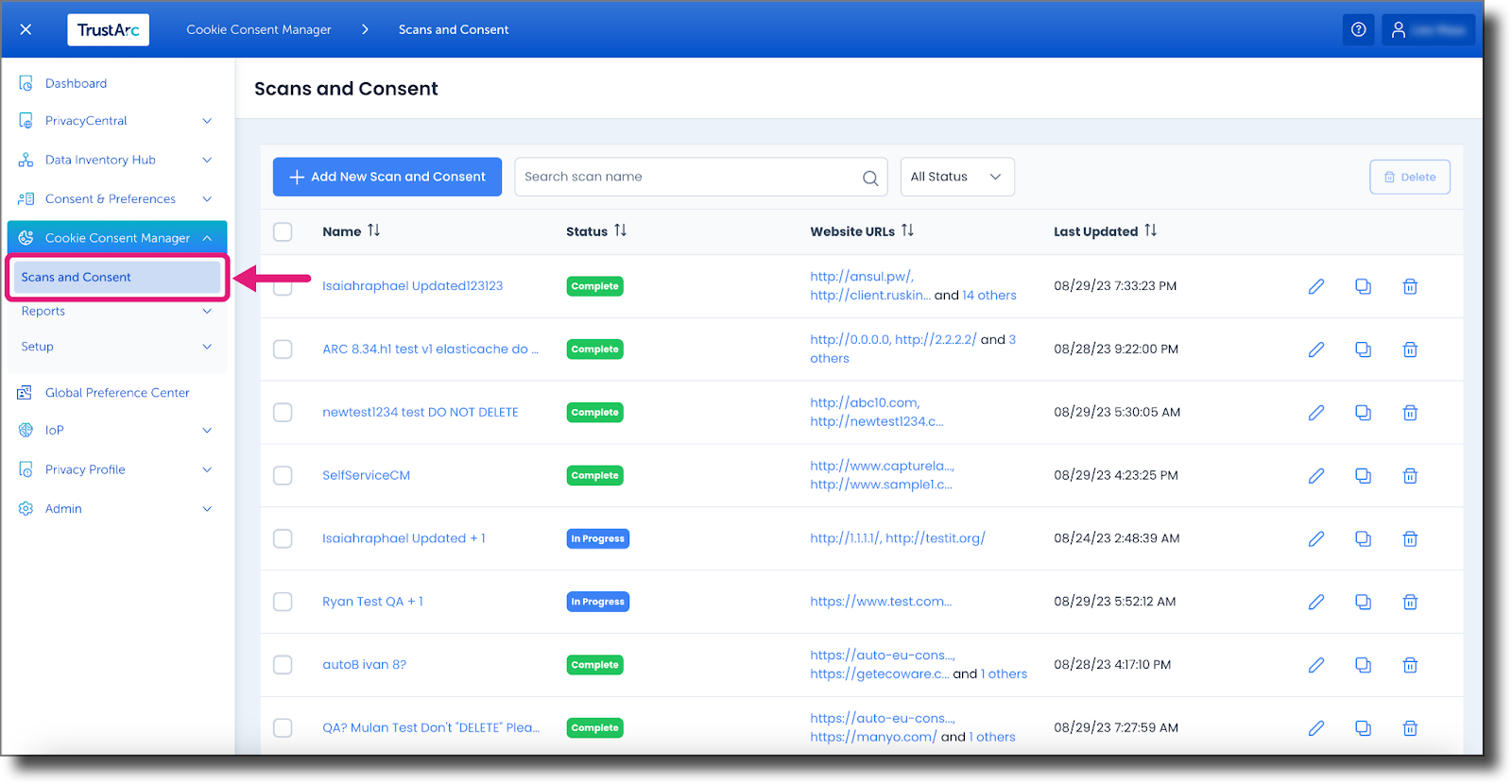 Managing Your Scans and Consent – TrustArc Help Center