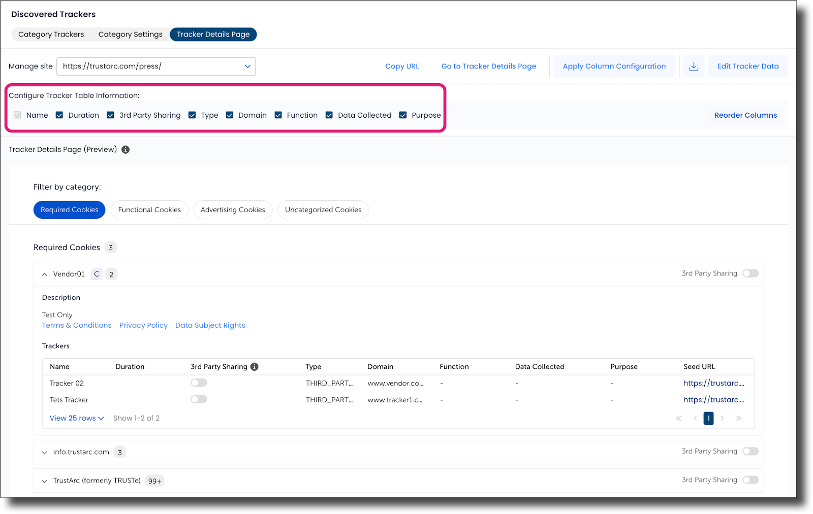 Configuring the Tracker Table Information – TrustArc Help Center