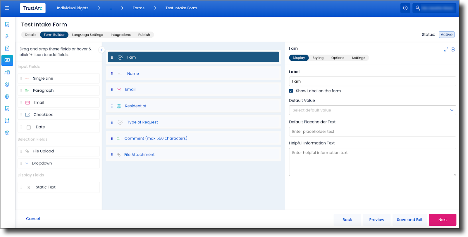 Form Builder Tab – TrustArc Help Center