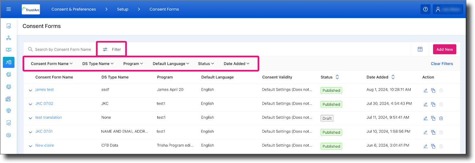 Filtering Consent Forms – TrustArc Help Center