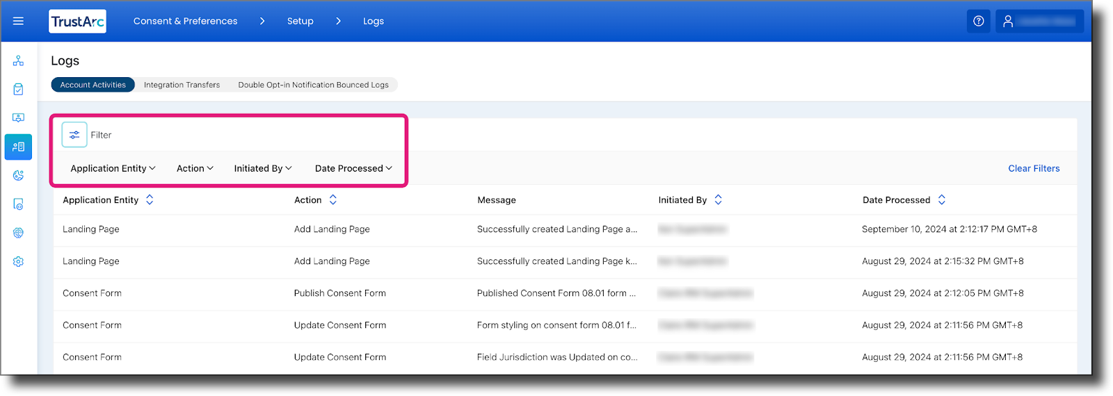 Filtering Account Activities Logs – TrustArc Help Center