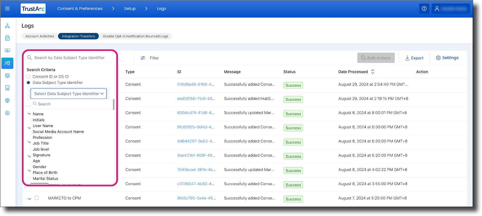 Searching Integration Transfers – TrustArc Help Center