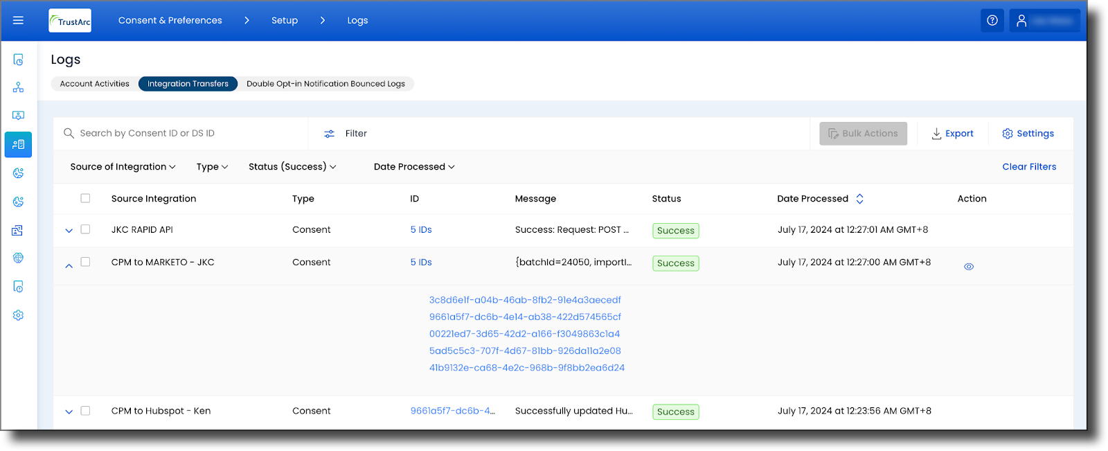 Searching Integration Transfers – TrustArc Help Center