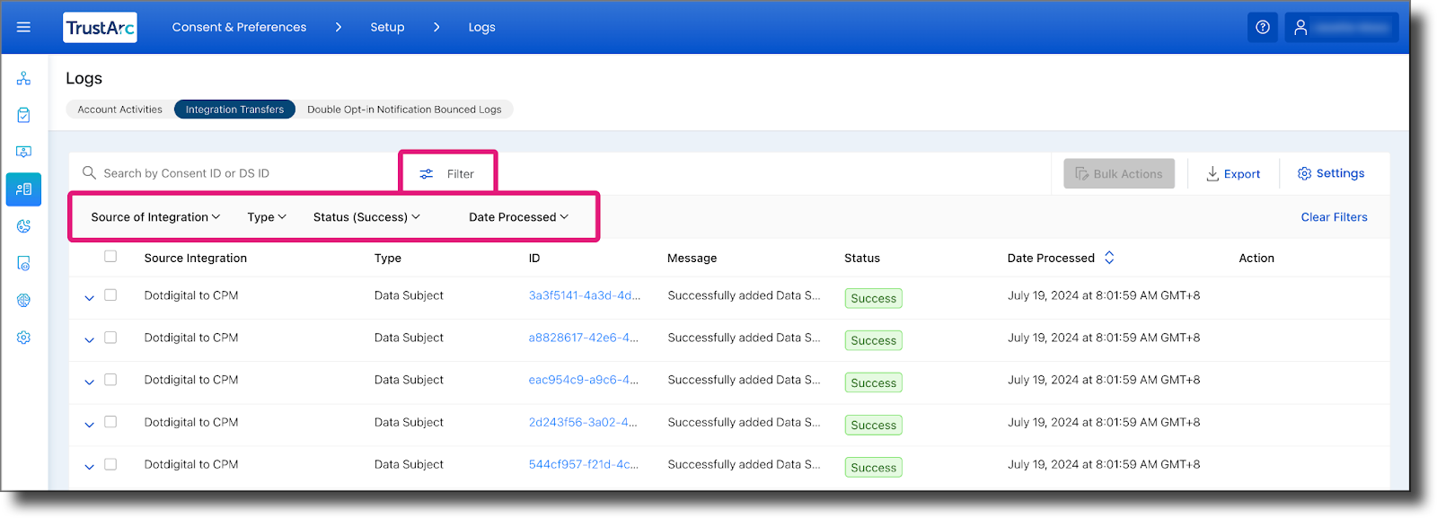 Filtering Integration Transfers – TrustArc Help Center