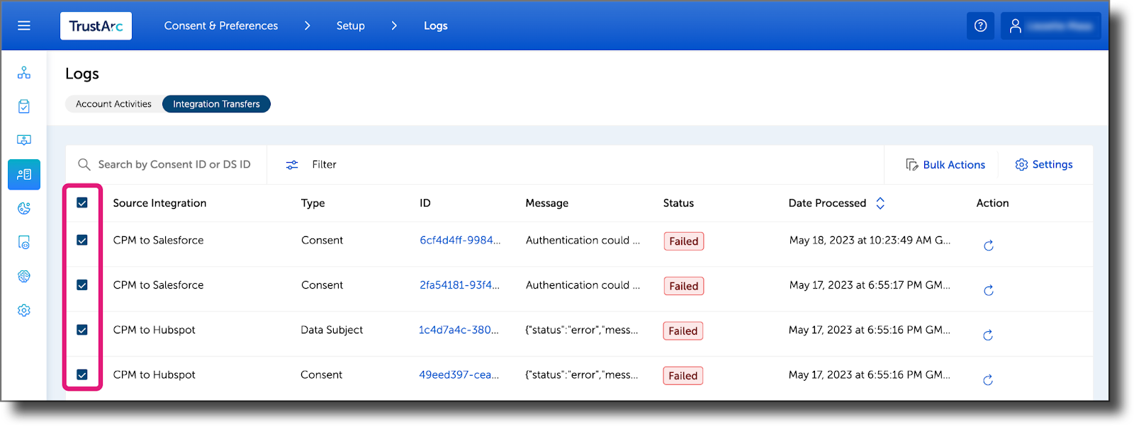 Bulk Actions for Integration Logs – TrustArc Help Center