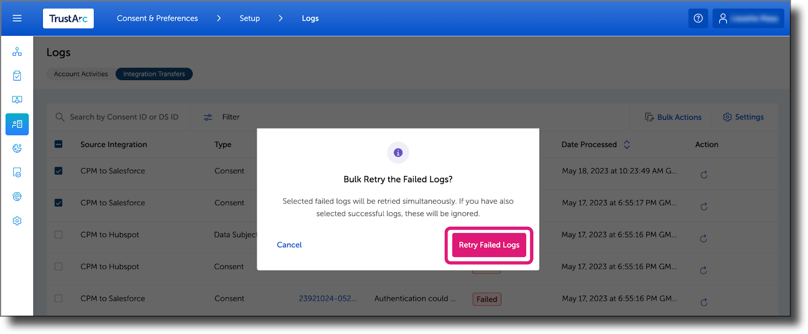 Bulk Actions for Integration Logs – TrustArc Help Center