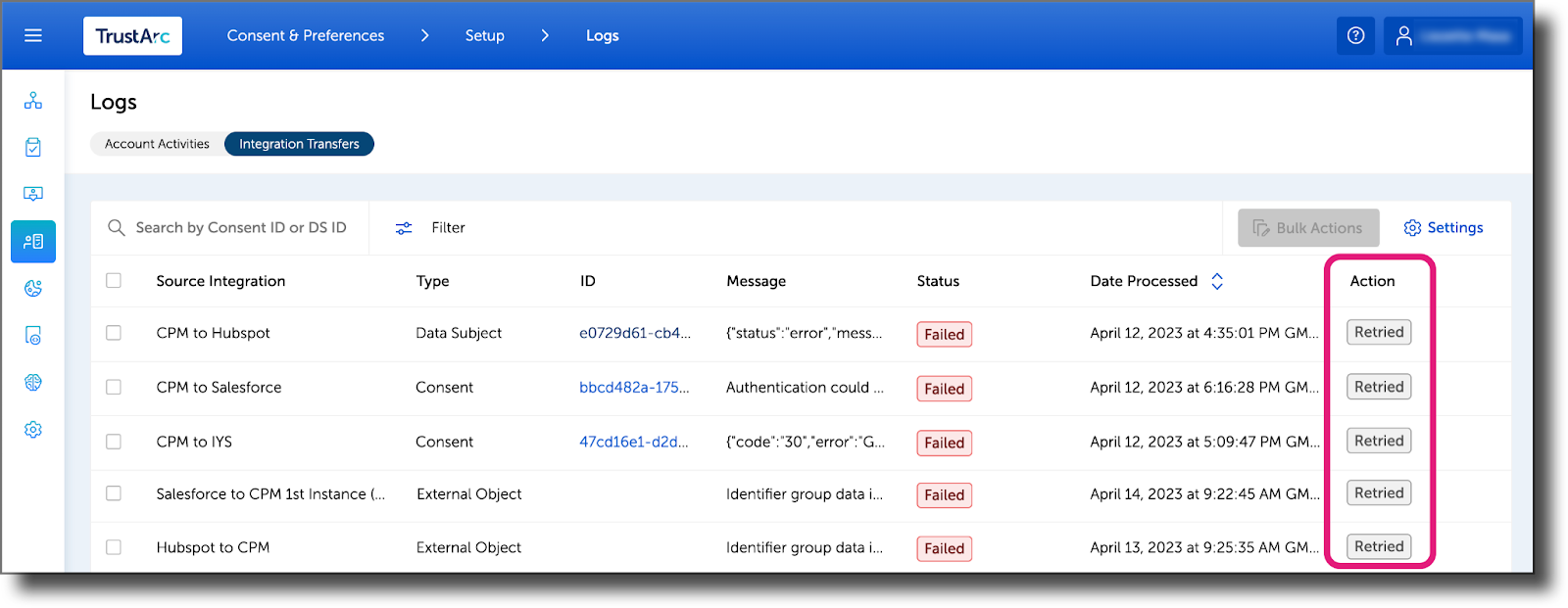 Bulk Actions for Integration Logs – TrustArc Help Center