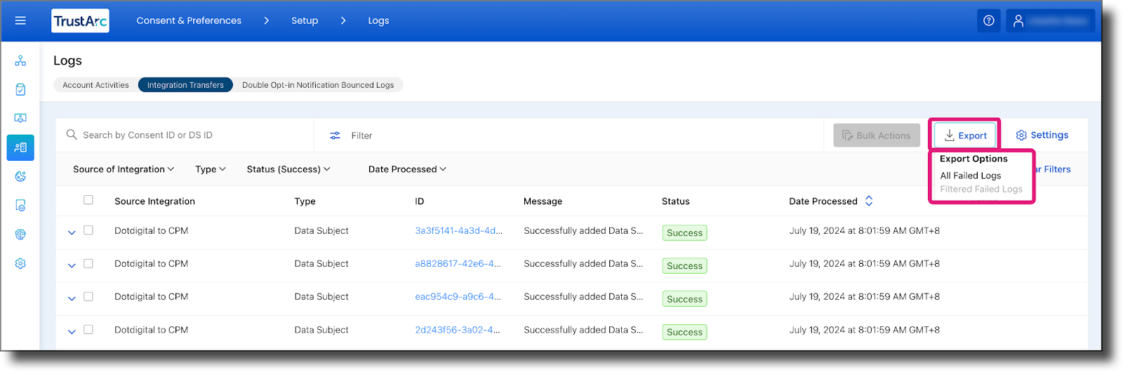 Exporting Failed Integration Logs – TrustArc Help Center