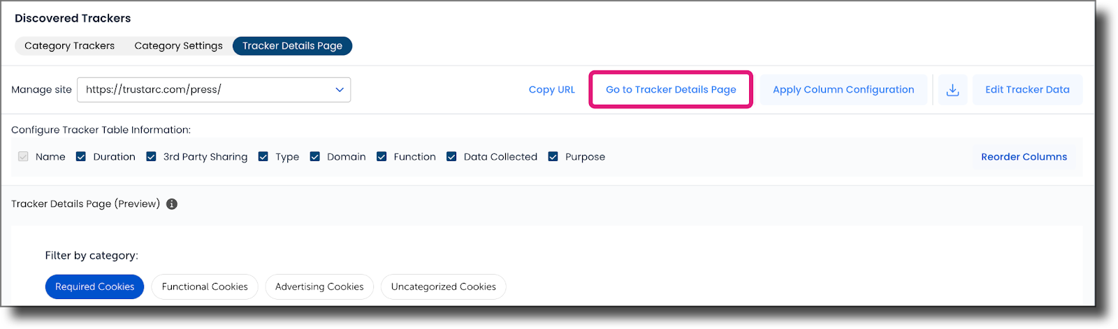 Go to Tracker Details Page – TrustArc Help Center