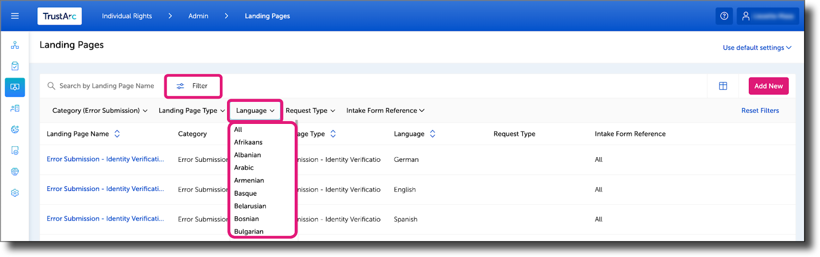 Filtering Landing Pages – TrustArc Help Center