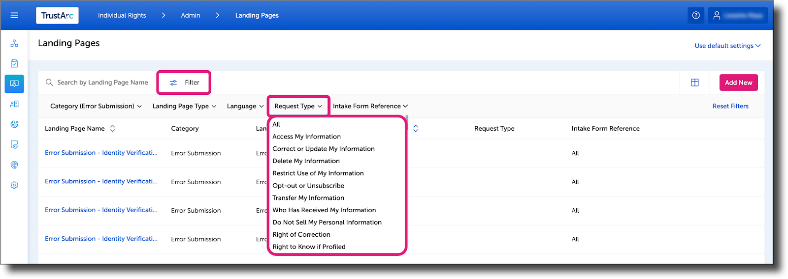 Filtering Landing Pages – TrustArc Help Center